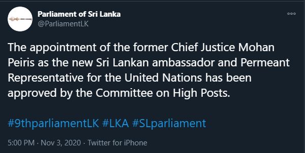 Mohan Peiris new SL Ambassador to the UN