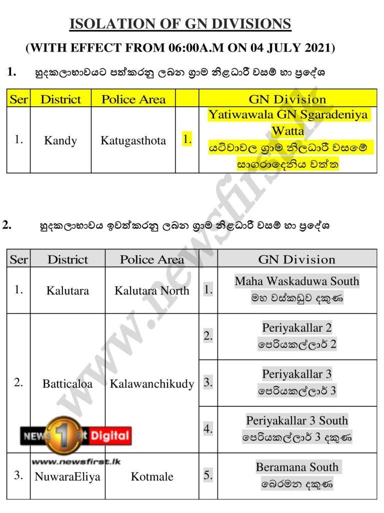 01 GN Division in Katugastota, Kandy isolated; 05 GN Divisions in 3 ...