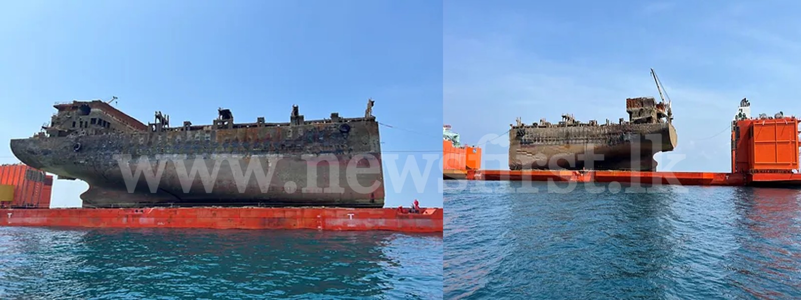 X-Press Pearl wreck cut in half, aft section raised from the sea floor