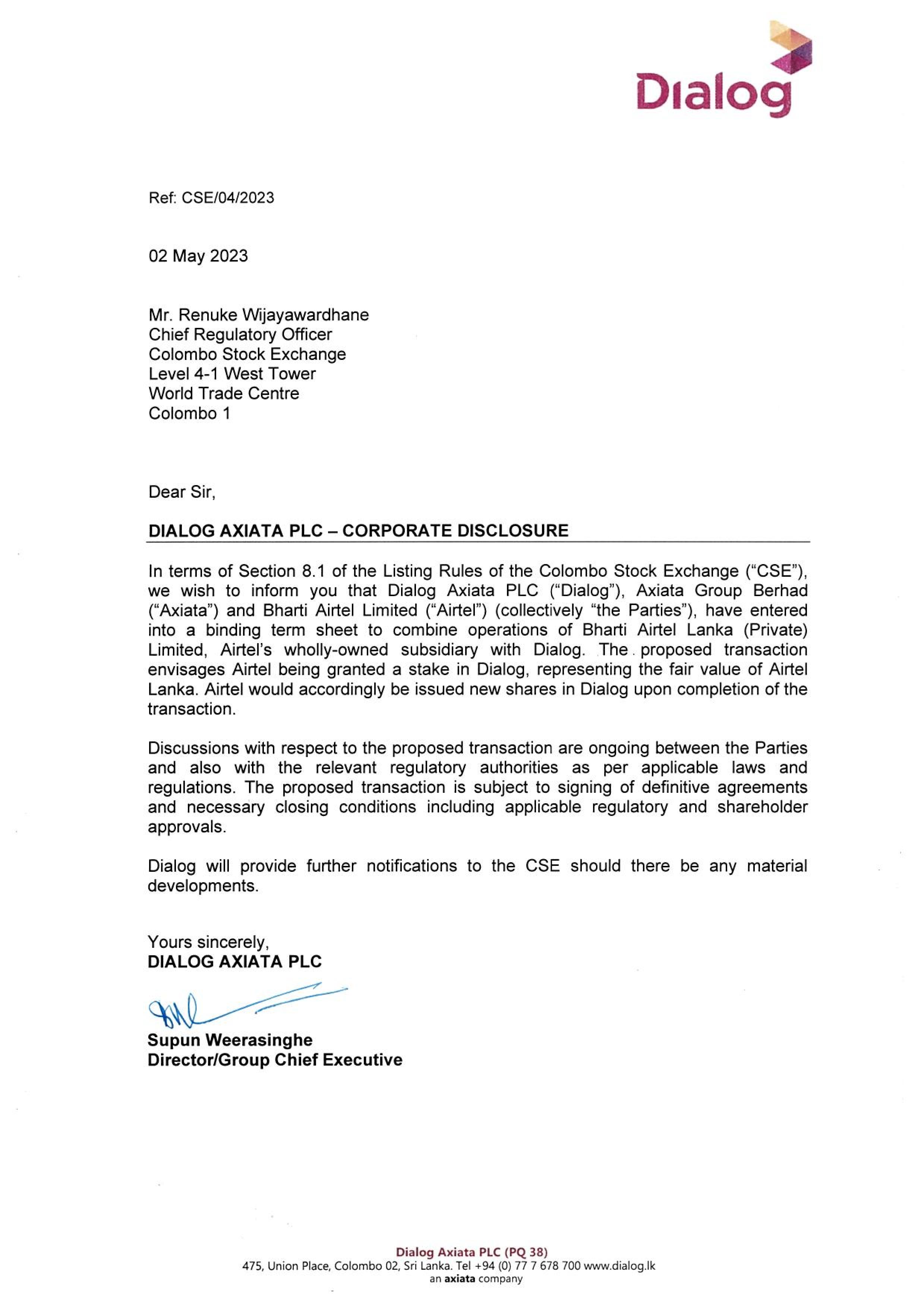 Dialog & Airtel announce merger