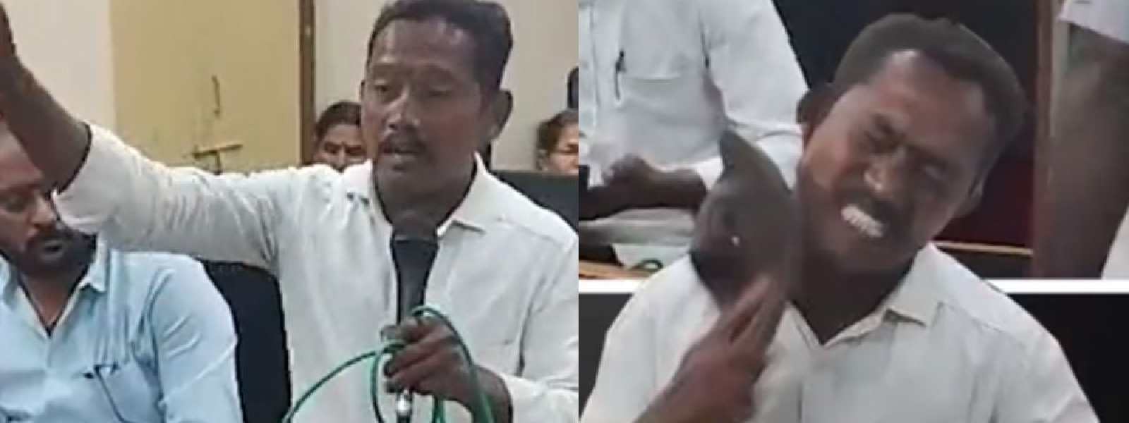 Indian politician slaps himself with slipper for failing to fulfil promises
