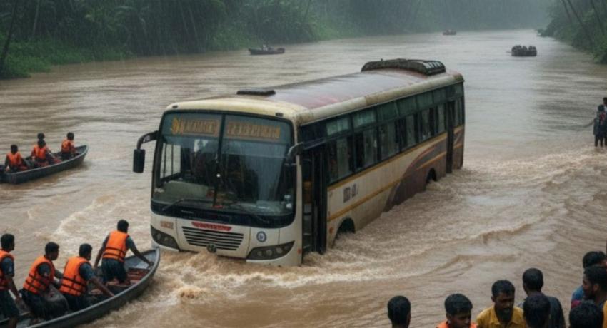 20 Passengers Rescued From Bus Stranded In Flood at Rajanganaya